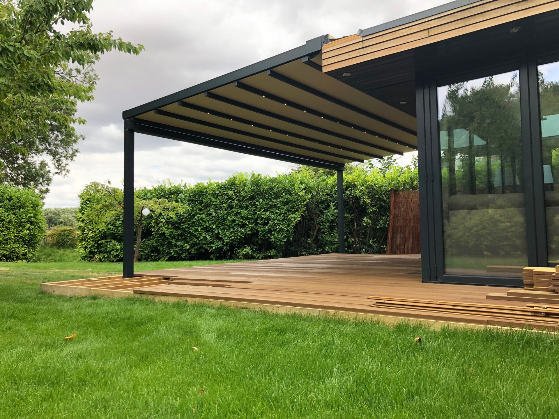 Weinor Pergotex II with LED lights Installed on Decking